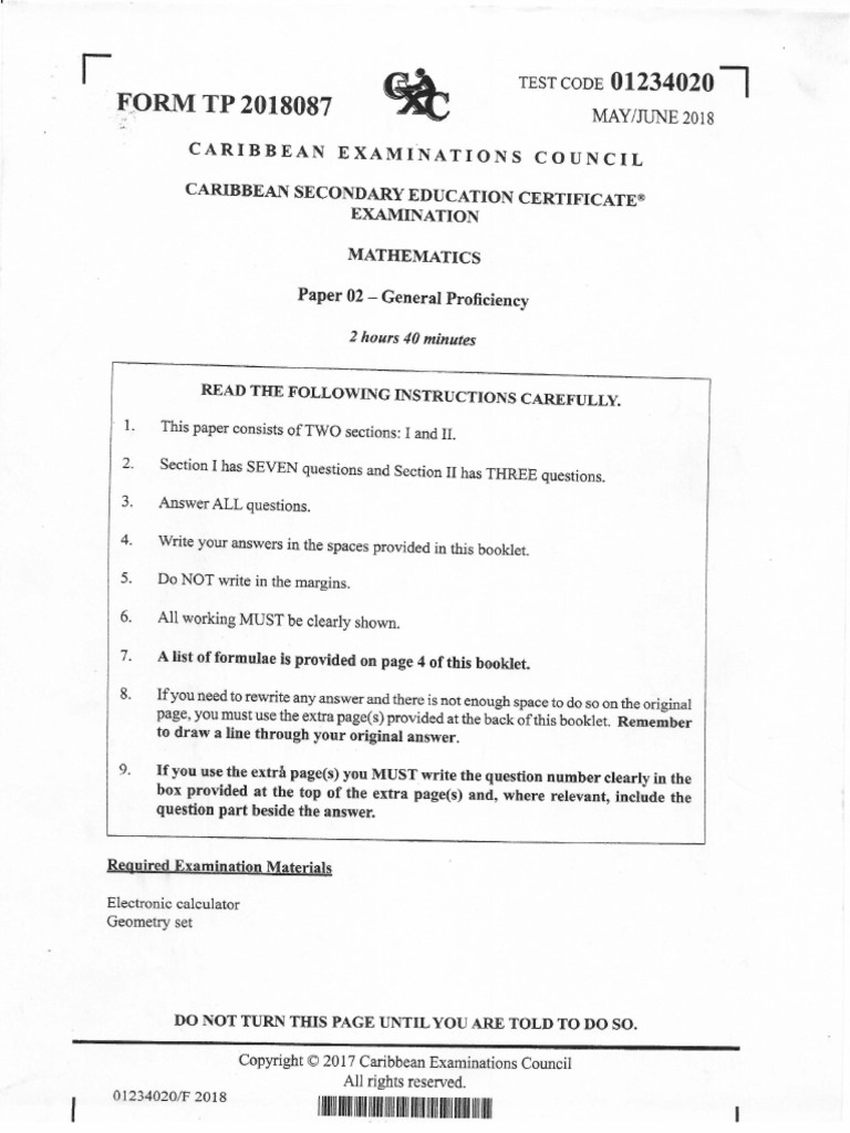 CSEC Maths June 2018 Past Paper 2_240308_103047 | PDF