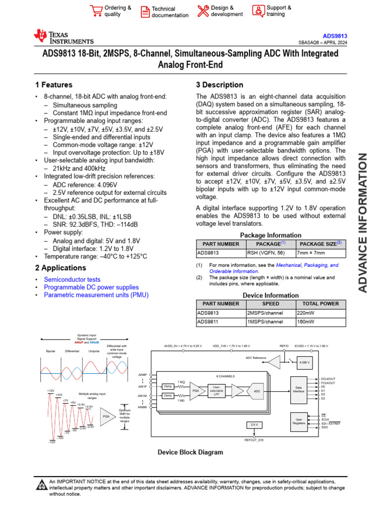 ADS9813: 18-Bit 8-Channel ADC Guide | PDF | Electrostatic Discharge | Analog To Digital Converter