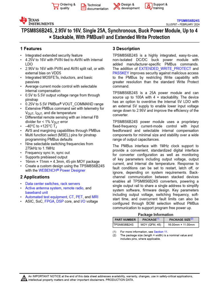Tpsm8S6B24S, 2.95V To 16V, Single 25A, Synchronous, Buck Power Module ...