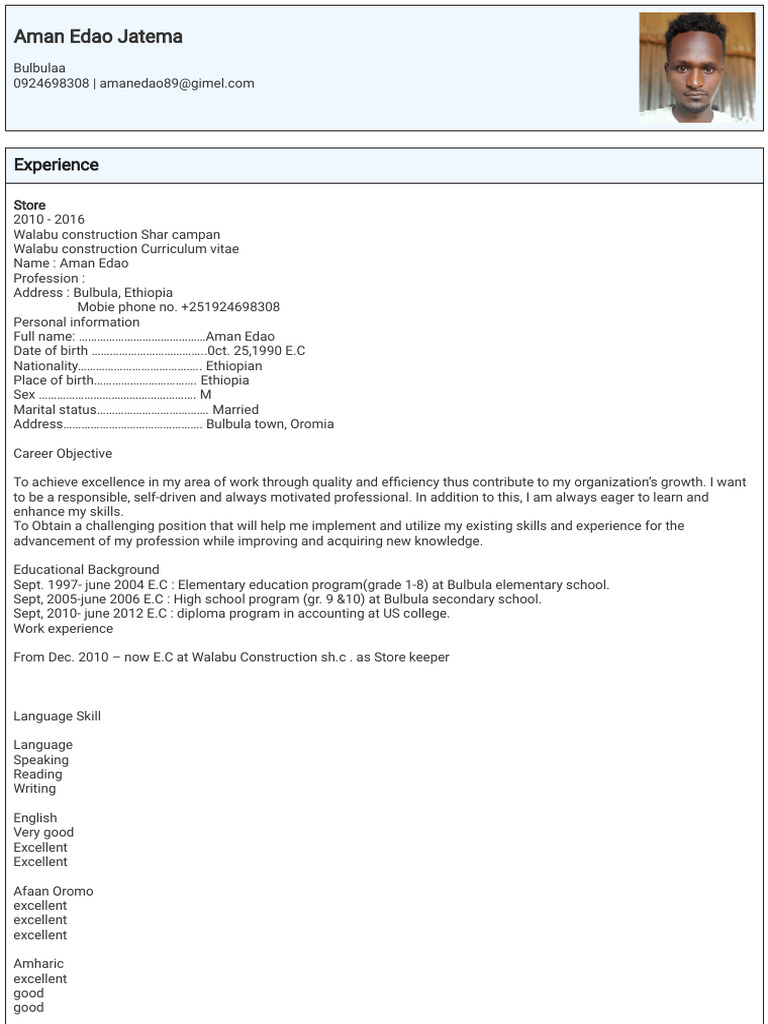 Aman Edao CV: Storekeeper Experience | PDF
