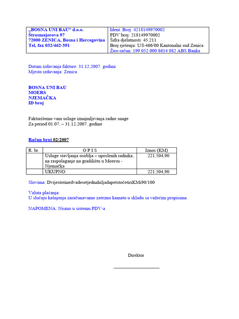 Primjer Fakture | PDF