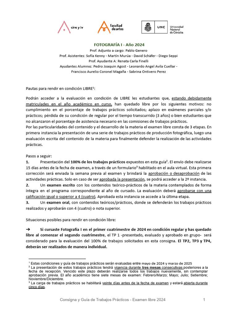 Consigna y Guía de TTPP - EXAMEN LIBRE - FOTOGRAFÍA I - 2024 | PDF ...