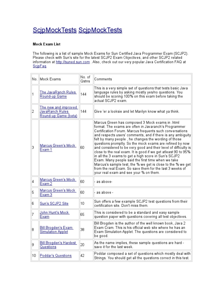 Scjp Mock Exam List Pdf Test Assessment Java Programming Language 6688