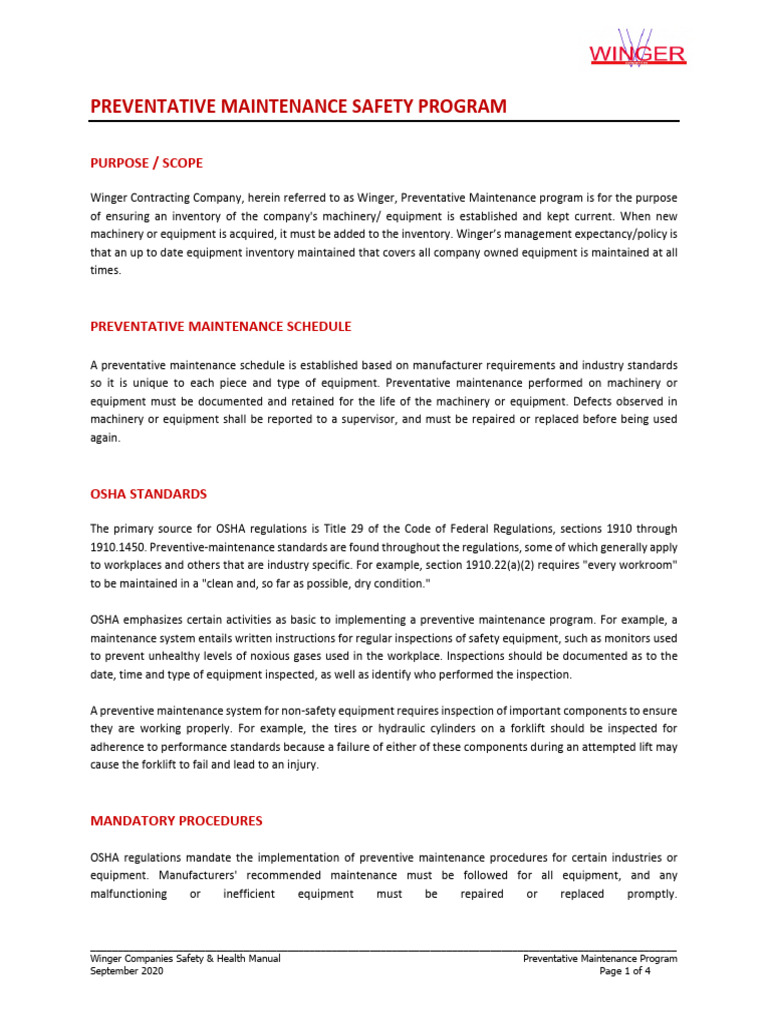 Winger Preventative Maintenance Safety Guide | PDF | Occupational ...