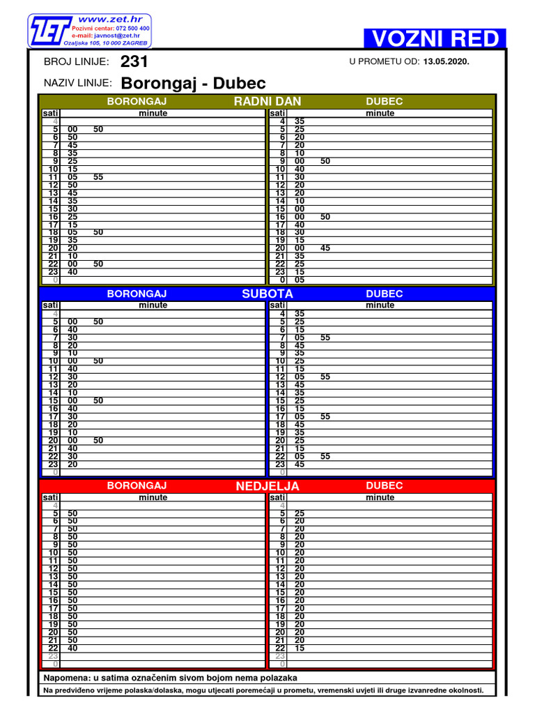 Vozni Red: Borongaj - Dubec 231 | PDF