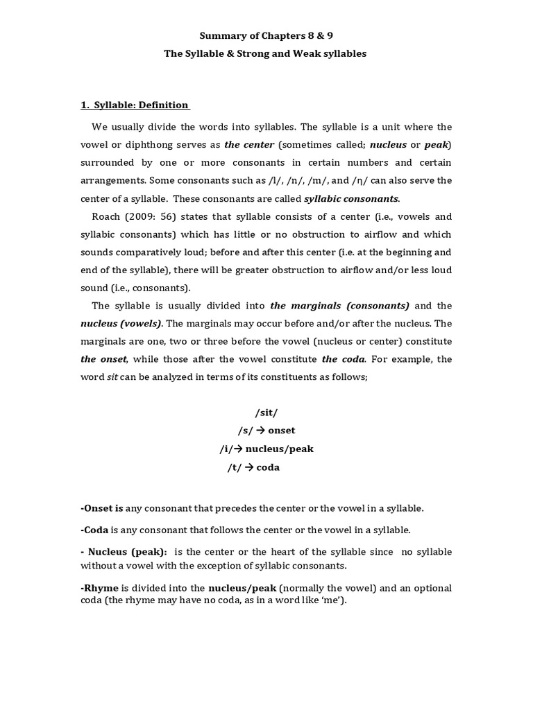 Summary of Chapters 8 & 9 | PDF | Syllable | Consonant
