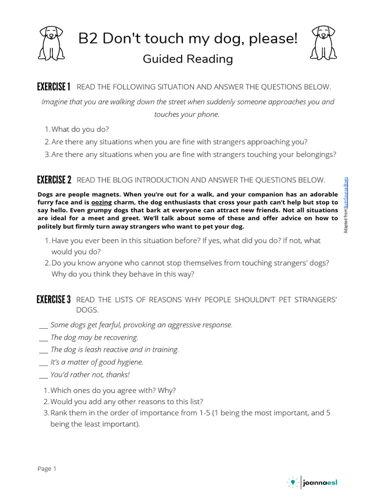 b2 Dont Touch My Dog Please Guided Reading - Worksheet - Teachers ...