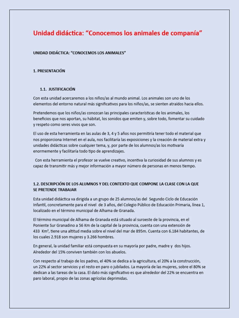 Unidad Didáctica Animales de Companía | PDF | Educación de la primera ...