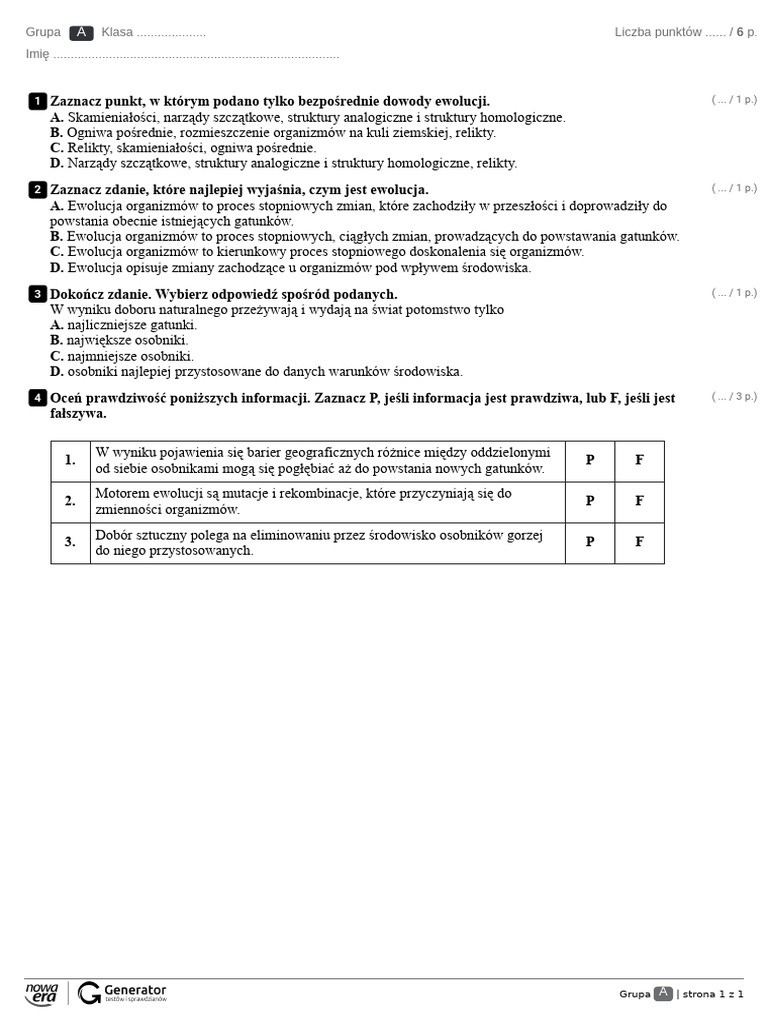 Kartkowka - Ewolucja Zycia - Lekcje 1 2 3 Test Z Widoczna Punktacja 1 | PDF