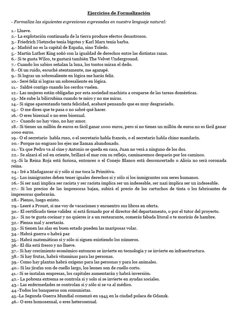 Recopilación de ejercicios de formalización | PDF