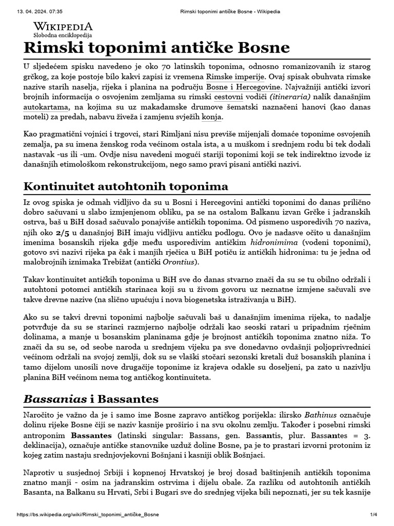 Rimski Toponimi Antičke Bosne - Wikipedia | PDF
