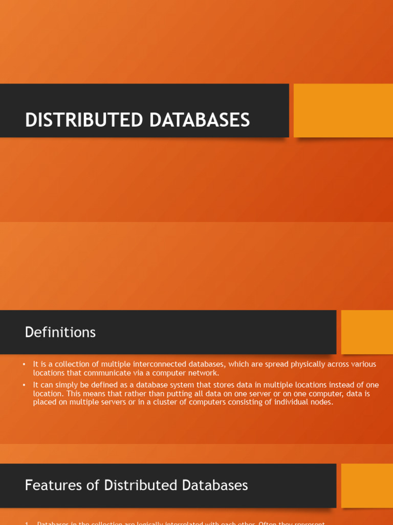 DISTRIBUTED DATABASES Presentation | PDF | Databases | Database Transaction DISTRIBUTED DATABASES Presentation | PDF | Databases | Database Transaction