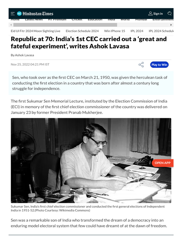 Sukumar Sen: India's First CEC | PDF