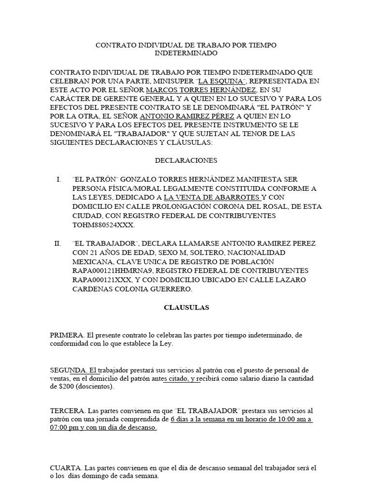 Contrato Individual De Trabajo Por Tiempo Indeterminado Pdf Salario