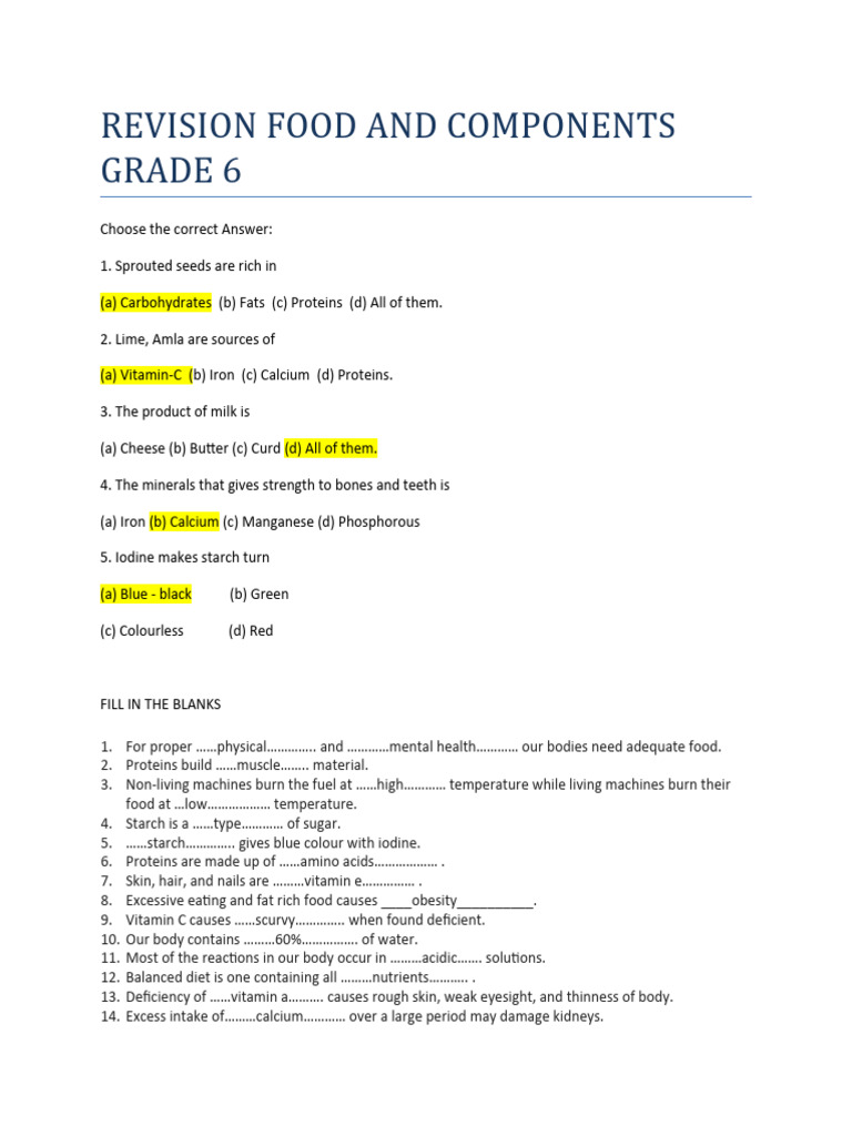 Revision Food and Components Grade 6 | PDF | Foods | Nutrients