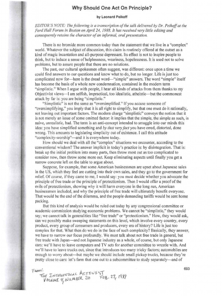 Peikoff-Why Should One Act On Principle | PDF | Pragmatism | Free Trade