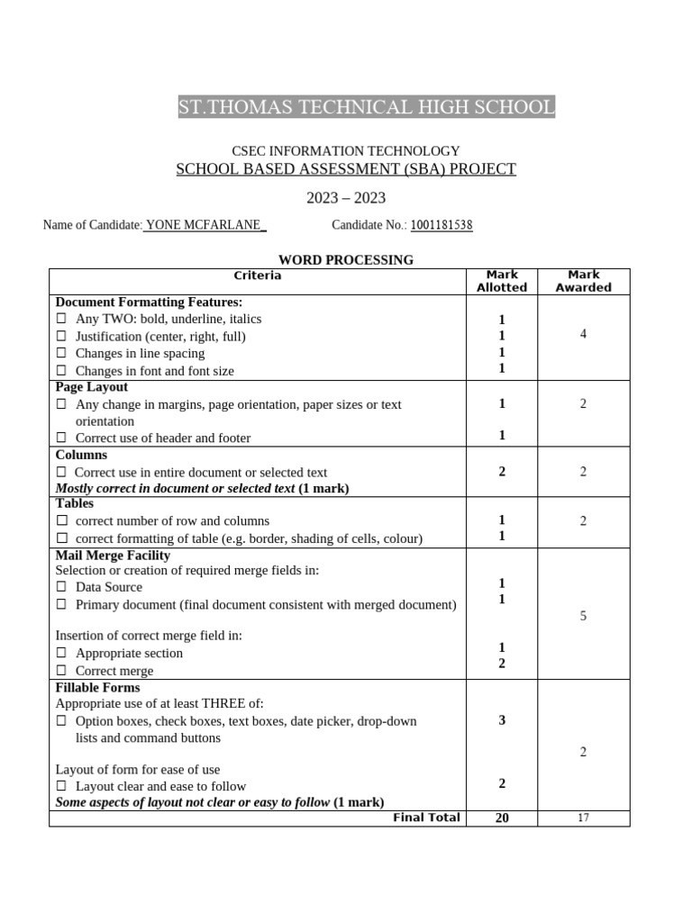 ST - Thomas Technical High School: School Based Assessment (Sba ...