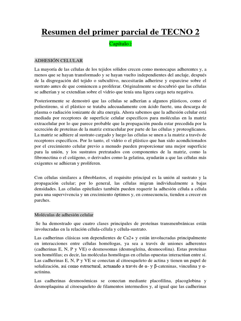 Resumen Del Primer Parcial de Tecno 224 | PDF | Adhesión celular | La ...