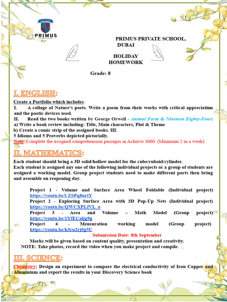 Primus Private School Dubai Holiday Homework Grade: 8: by George Orwell ...