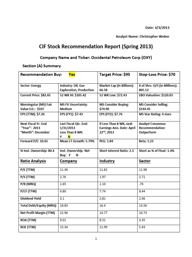 Occidental Petroleum Stock Analysis 2013 | PDF | Stocks | Market Trend