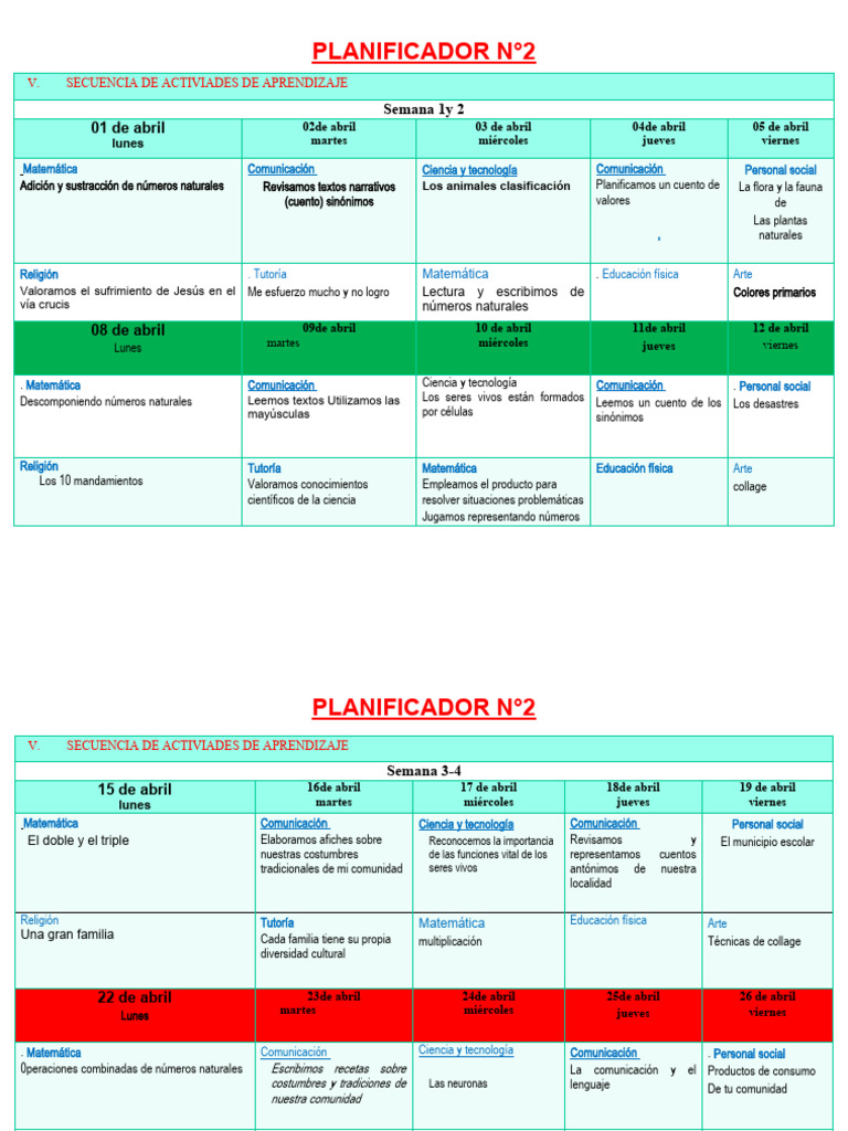 V PLANIFICADOR Coregido N T | PDF | Matemáticas