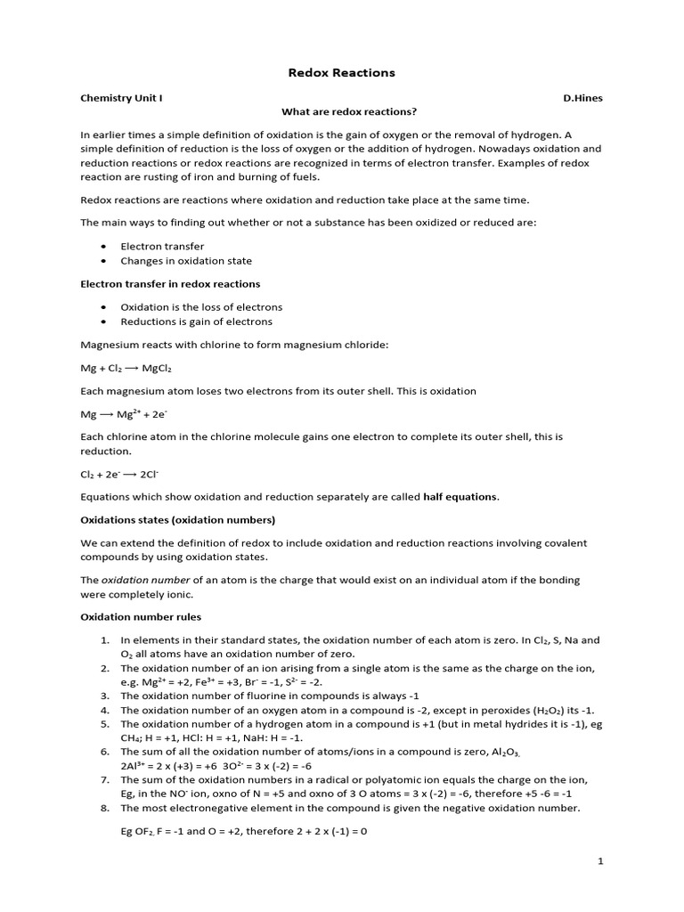 Redox Reactions Chemistry Unit 1 | Download Free PDF | Redox | Chemical ...