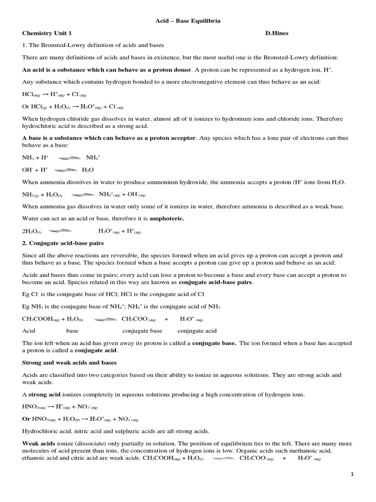 10.a Acid - Base Equilibria - Chemistry Unit 1 | PDF | Ph | Acid
