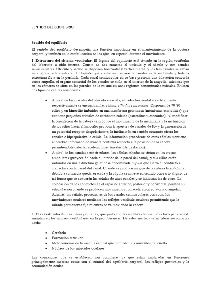 Sentido Del Equilibrio | PDF | Órganos sensoriales | Oído