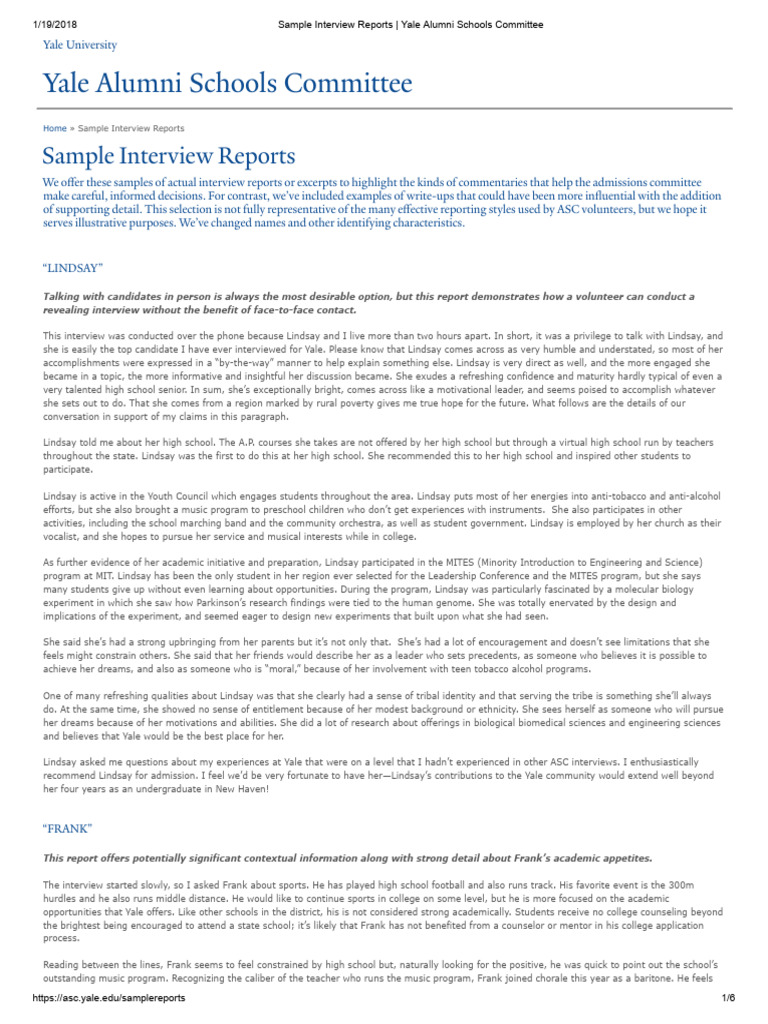 Yale - Sample Interview Reports | PDF | Experience | Yale University