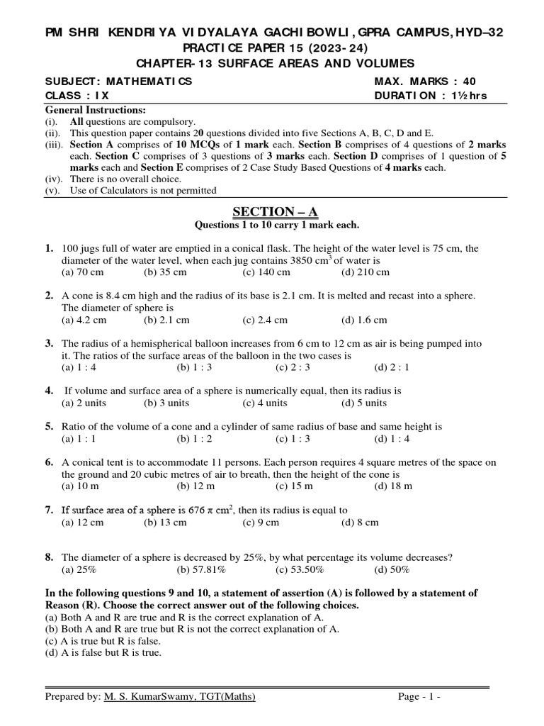 Sav Class 9 Maths | PDF | Sphere | Area