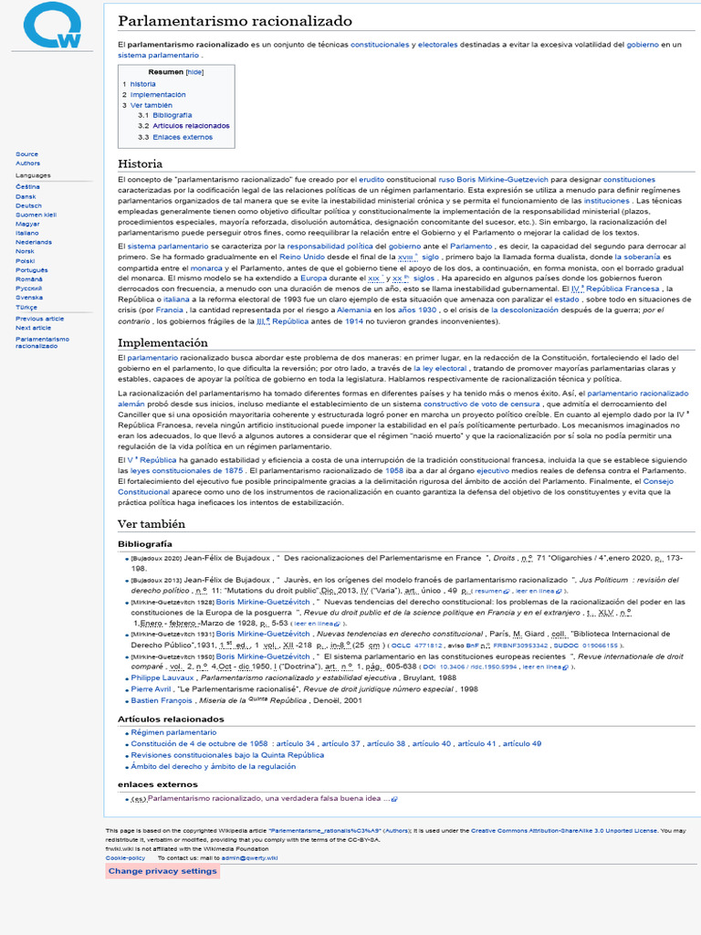 Parlamentarismo Racionalizado - Frwiki - Wiki | PDF | Política mundial | Sistema parlamentario