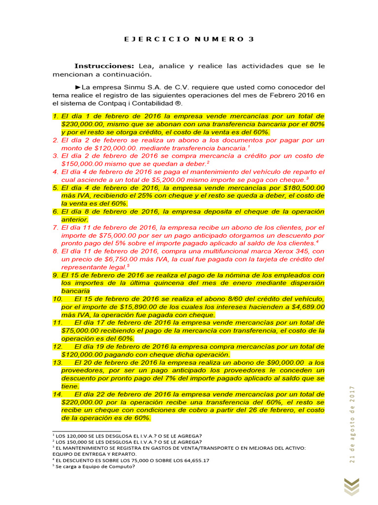 Ejercicio INSTRUCCIONES ASIENTOS CONTABILIDAD IV INFORMATICA | PDF | Cheque | Transferencia bancaria