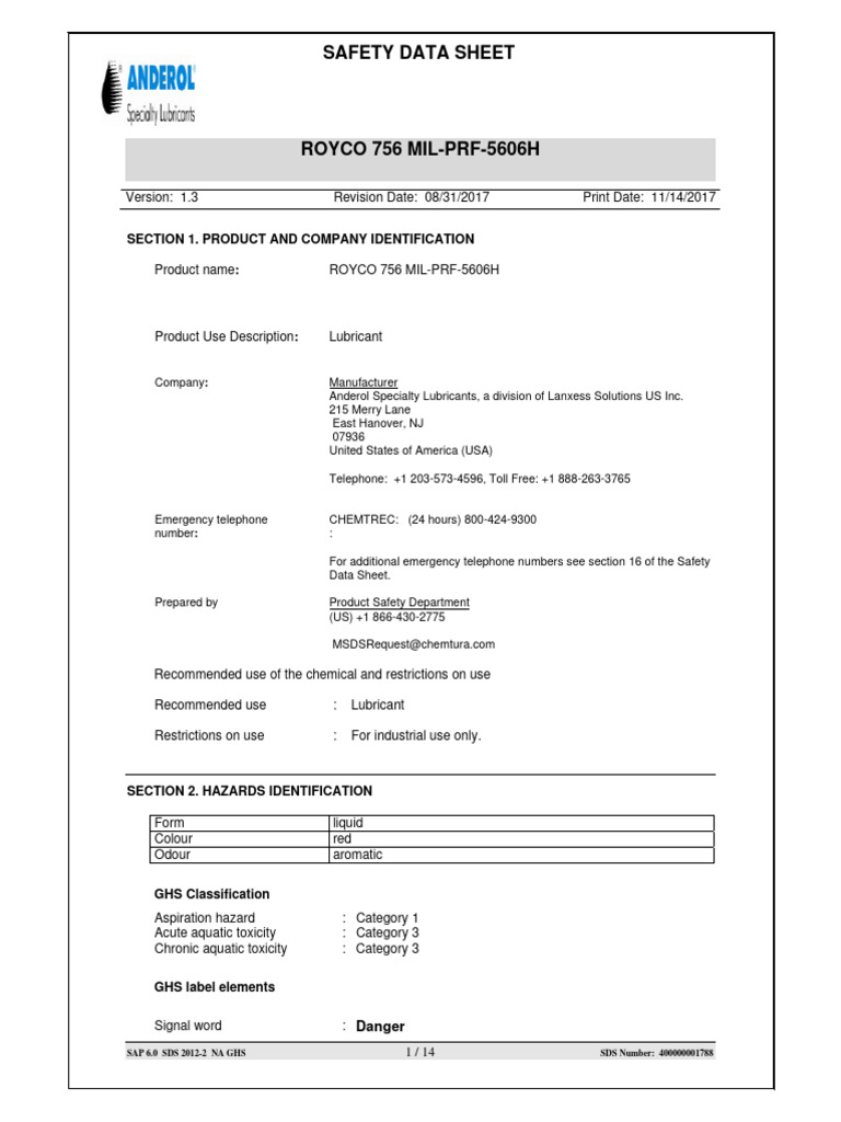 Royco 756 Mil PRF 5606h Sds | PDF | Mutagen | Occupational Safety And ...