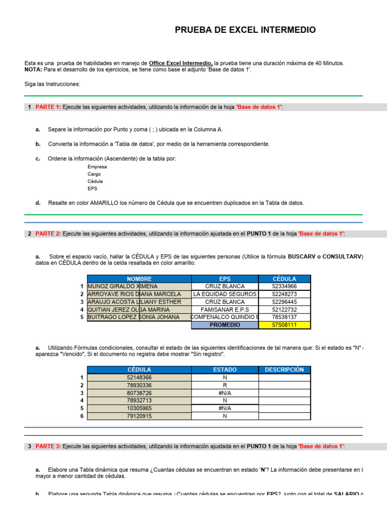 Prueba de Excel Intermedio: Instrucciones y Ejercicios | PDF ...