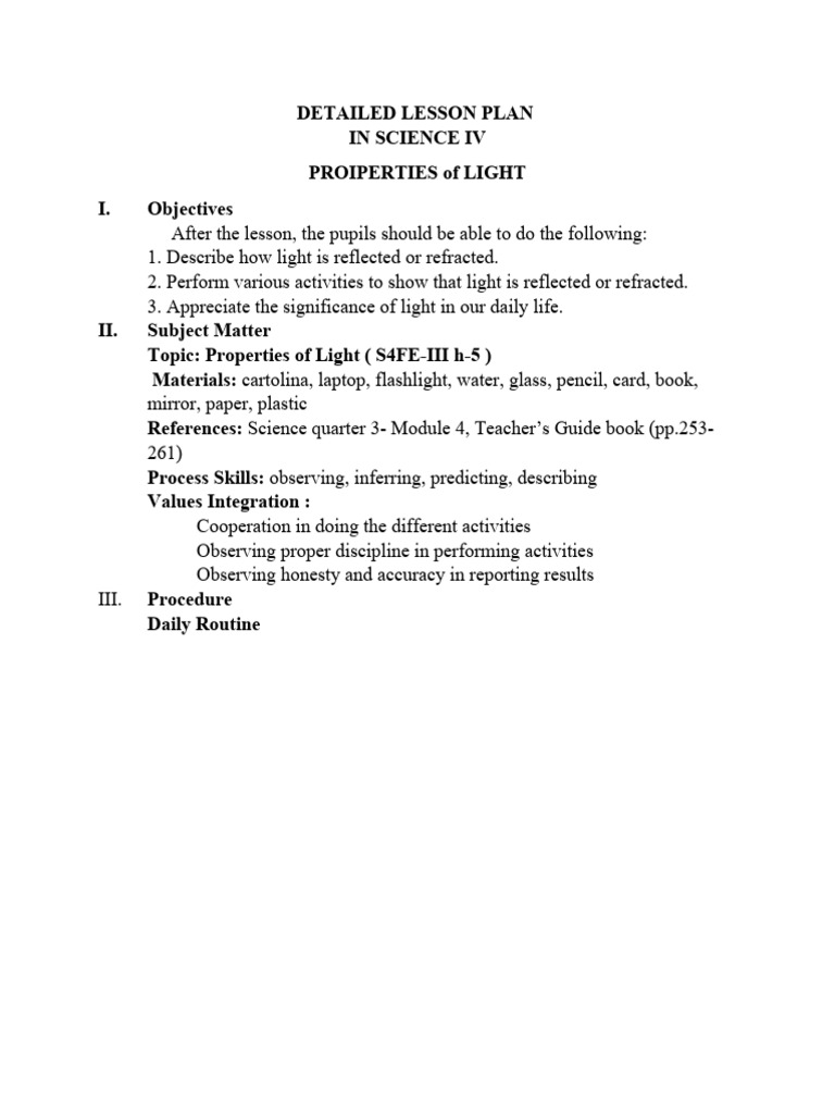 DETAILED LESSON PLAn in GRADE 4 | PDF | Reflection (Physics) | Light