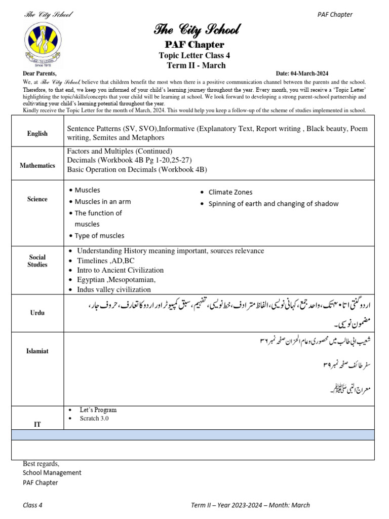Topic Letter March 2024 Template (Class-4) | PDF