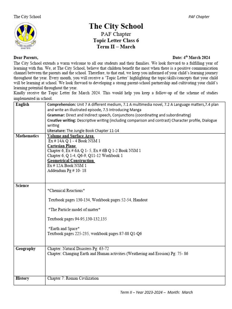 Class 6 Topic Letter March 2024 (Class 6) | PDF