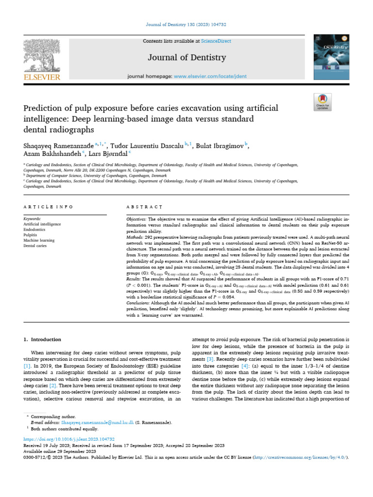 Prediction of Pulp Exposure Before Caries Excavation Using Artificial ...