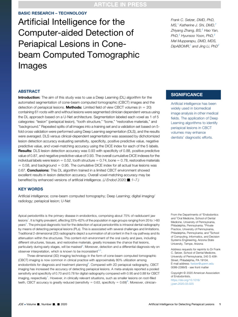 Artificial Intelligence For The Computer-Aided Detection of Periapical Lesions in Cone-Beam ...