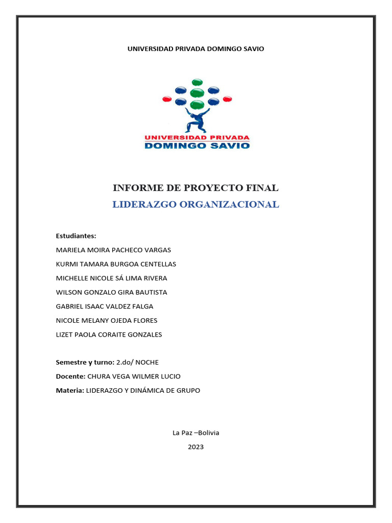 Informe Proyecto Final - Liderazgo y Dinamico | PDF | Liderazgo | Psicología Social