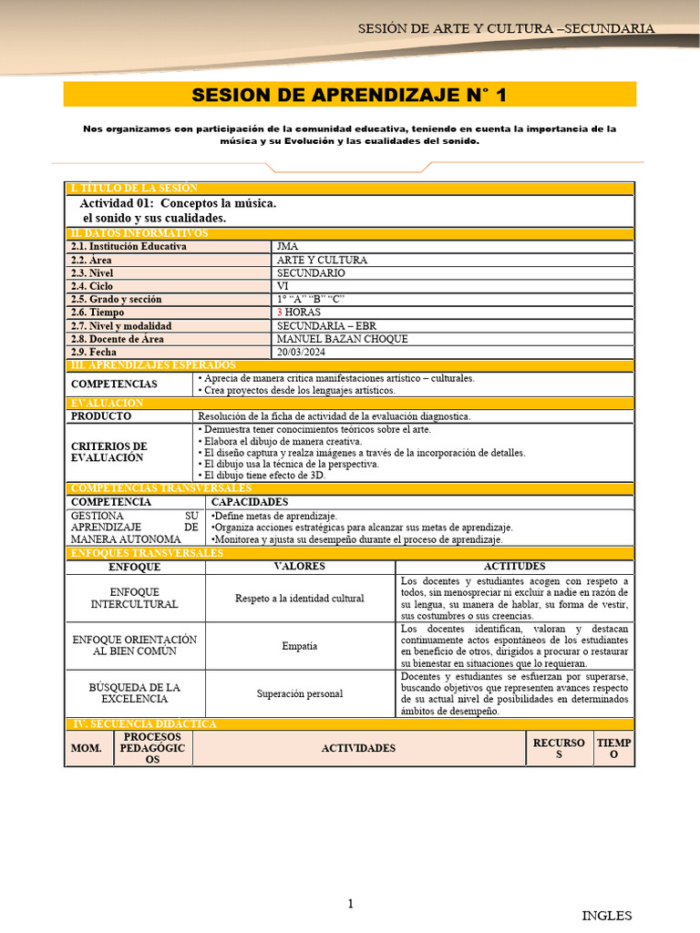 1° SESION ACTV 1. ARTE Y CULTURA 2024 | PDF | Evaluación | Aprendizaje