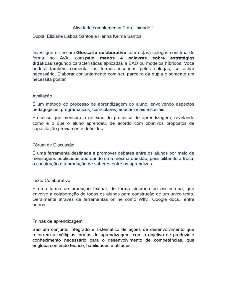 Atividade Complementar 2 Da Unidade 1 Dupla Eliziane e Hanna | PDF