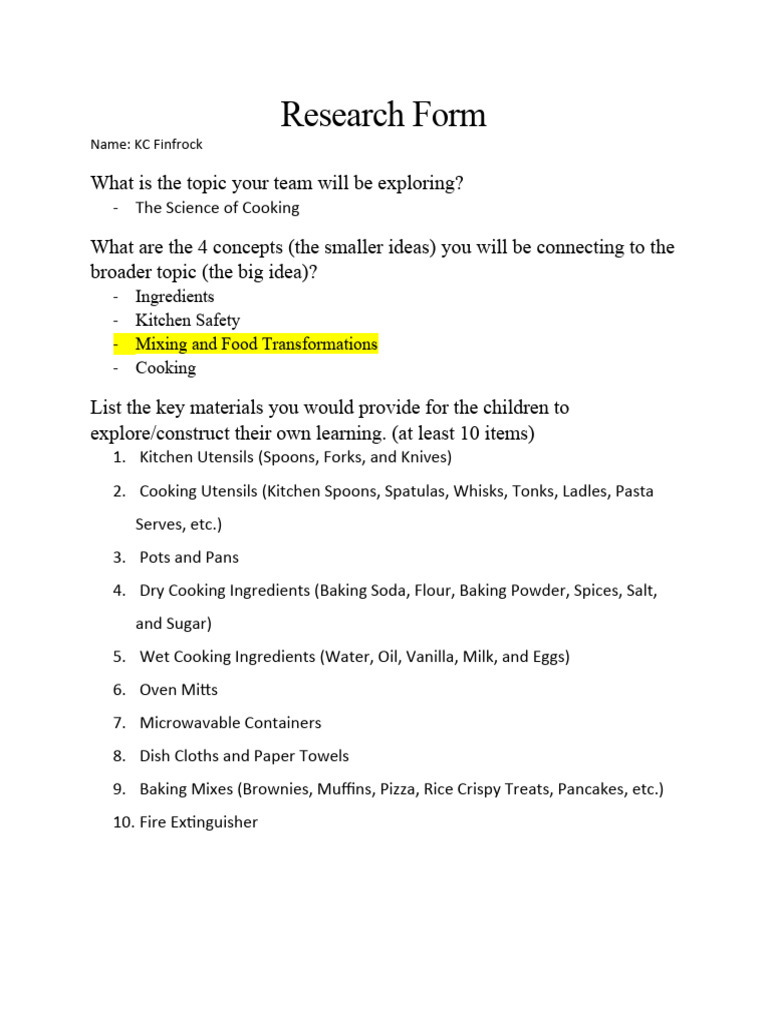 research form | PDF | Cooking | Baking