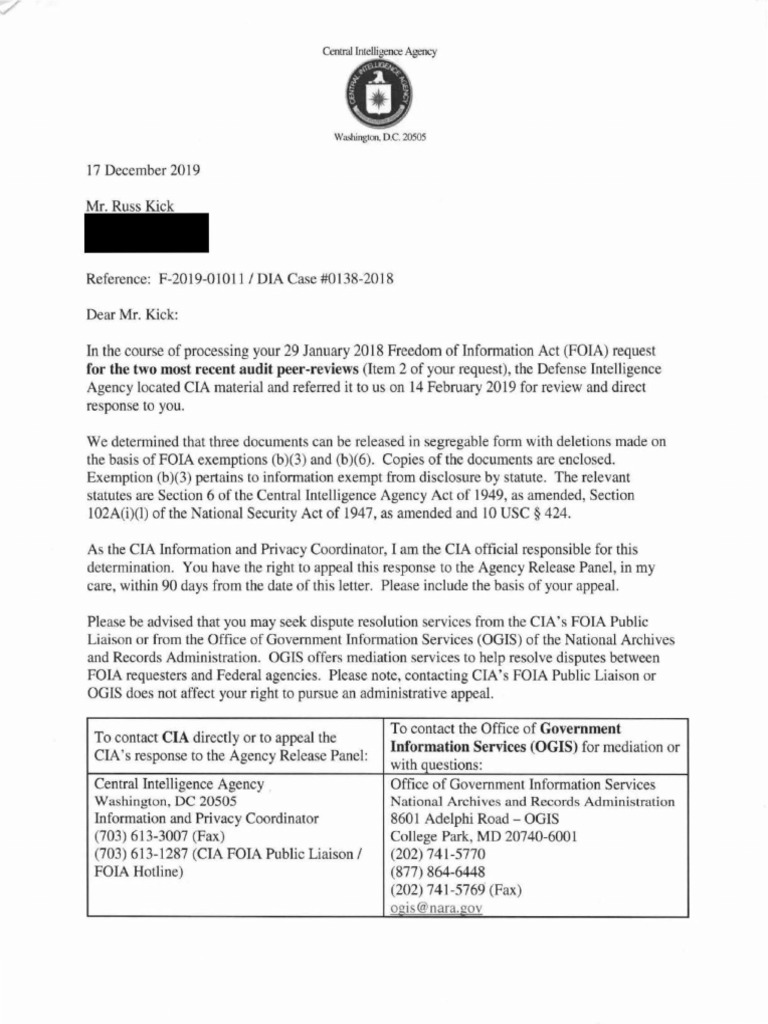 CIA FOIA Response to Russ Kick | PDF | Freedom Of Information Act ...