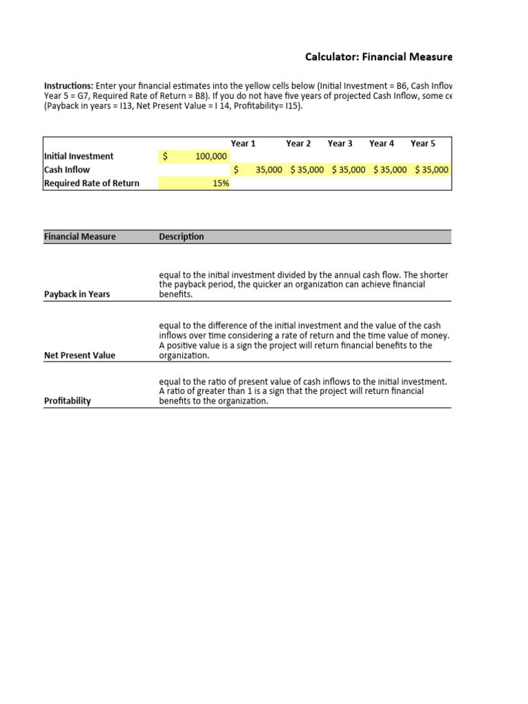 Project Financial Measures Calculator | PDF | Net Present Value | Investing