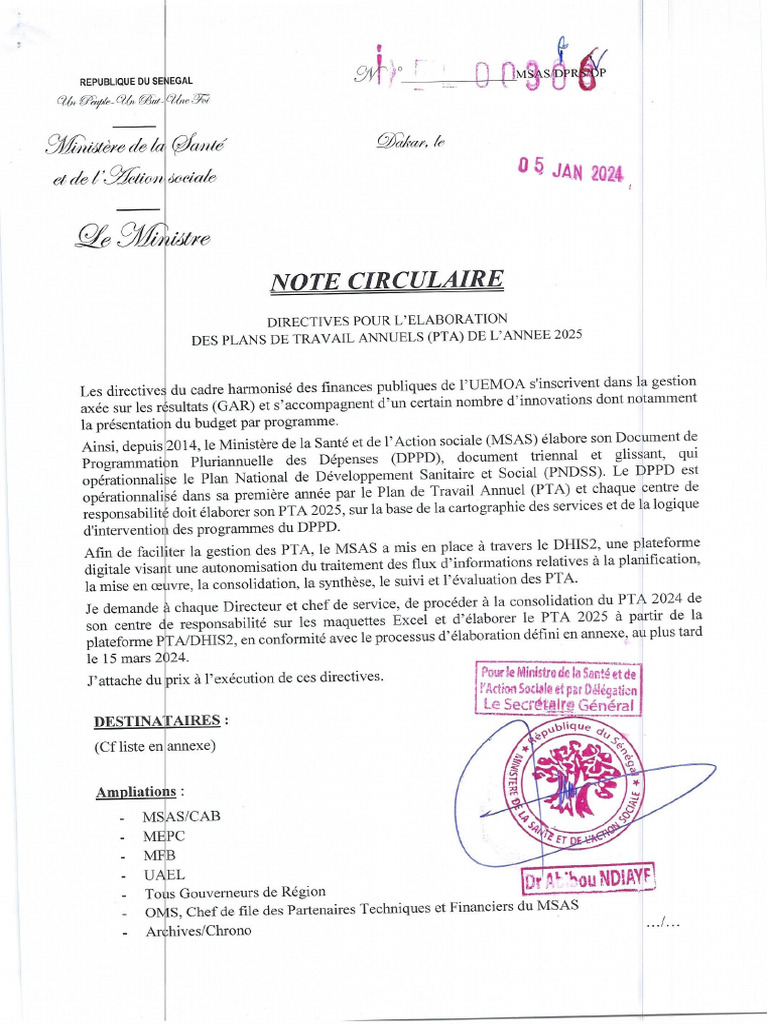 Note Circulaire Relative Aux Directives Pour L'élaboration Des Plans de Travail Annuels (PTA) de ...