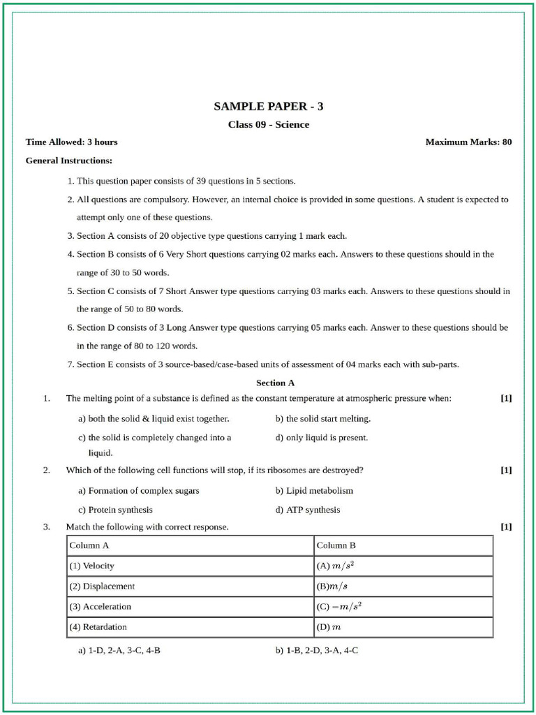 Grade 9 Science - Sample Question Paper | PDF