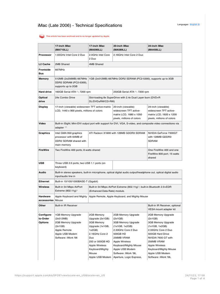 2006 iMac Technical Specifications | PDF | Apple Inc. | Computer ...