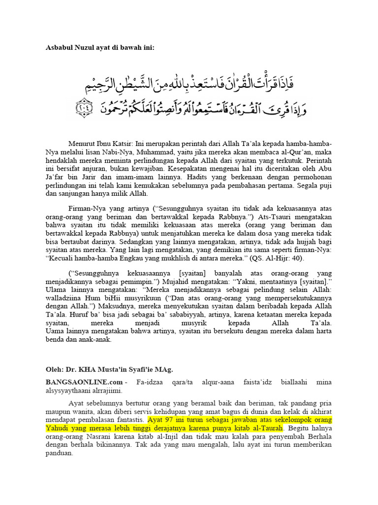 BAB 2 Asbabul Nuzul Ayat Anahl 98 Dan Alaraf 204 & KANDUNGAN | PDF