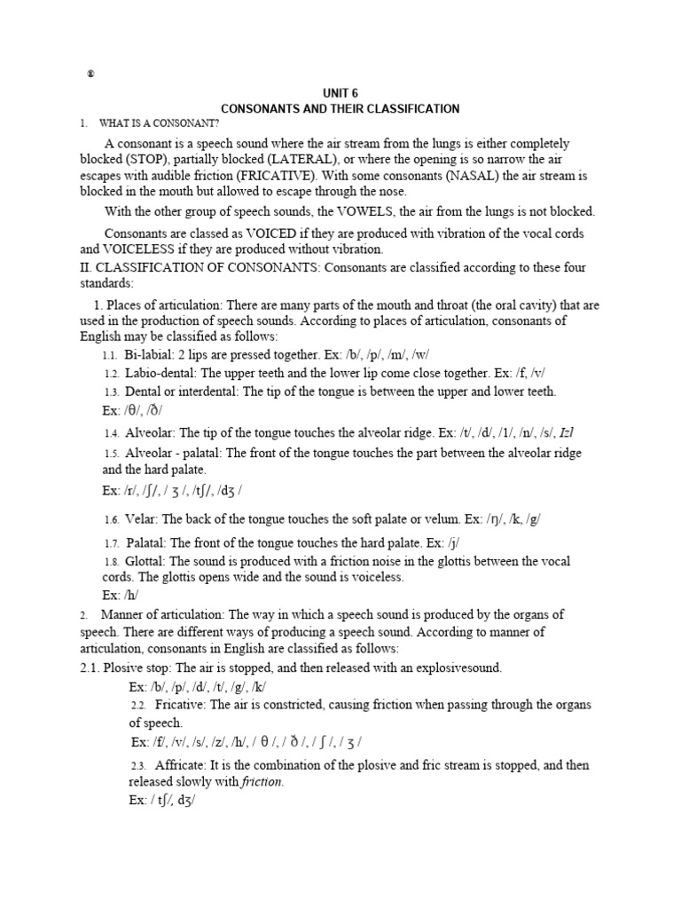 Unit 6 Consonants and Their Classification: 1. What Is A Consonant ...